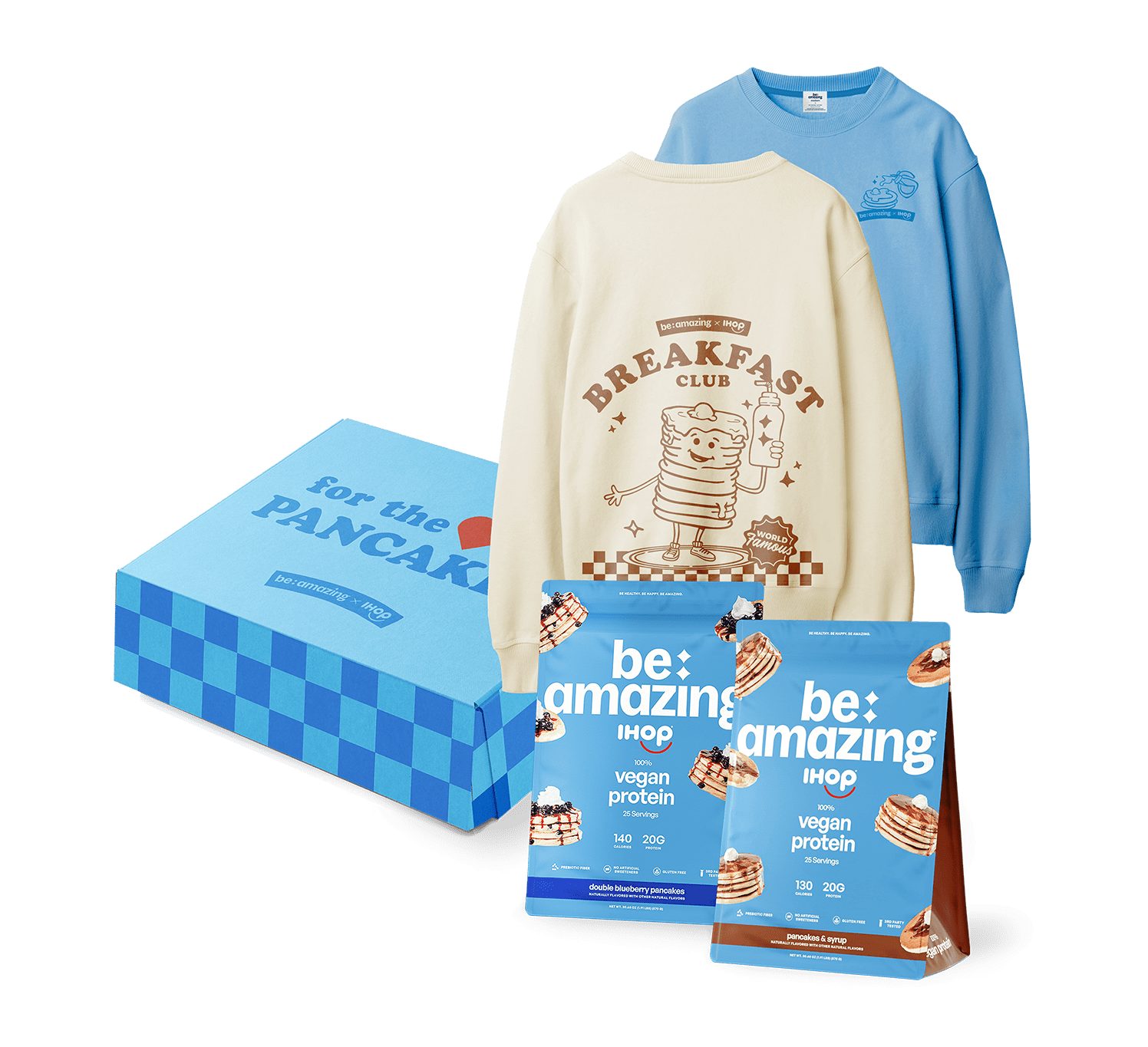 Be Amazing x IHOP Pancakes Collab PR Box with Vegan Protein + Merch